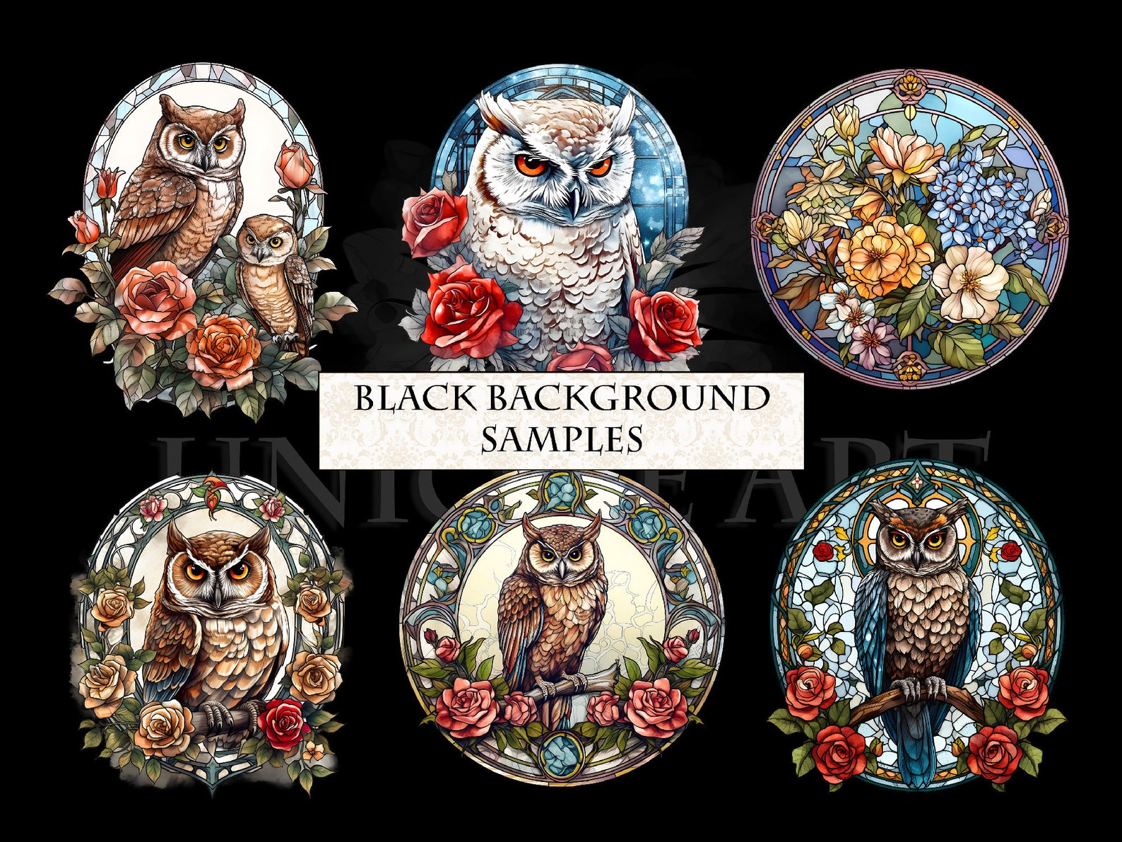 Owl and Roses Stained Glass Watercolor Clipart Bundle HQ - Etsy
