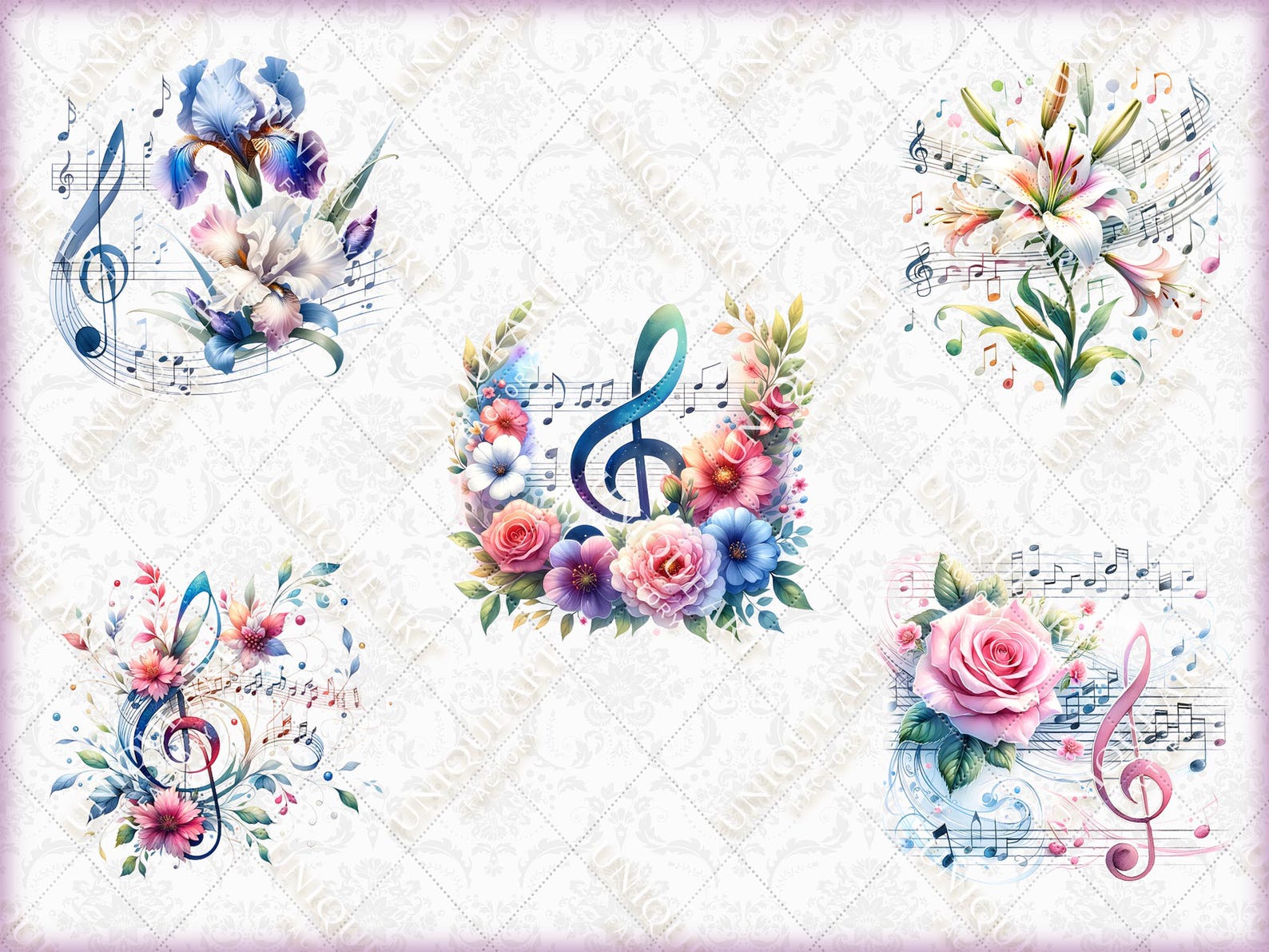 Floral Music Notes, Watercolor Clipart Bundle, 21 HQ Printable Image ...