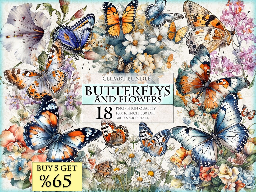 Butterfly and Flowers Watercolor Clipart Bundle HQ Printable PNG Format ...