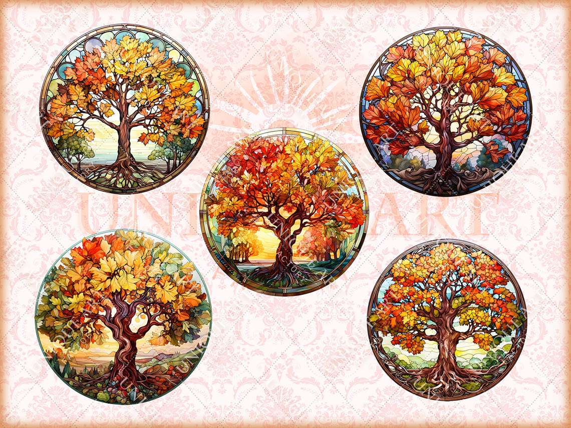 Autumn Sycamore Trees, Stained Glass Watercolor Clipart Bundle - HQ ...