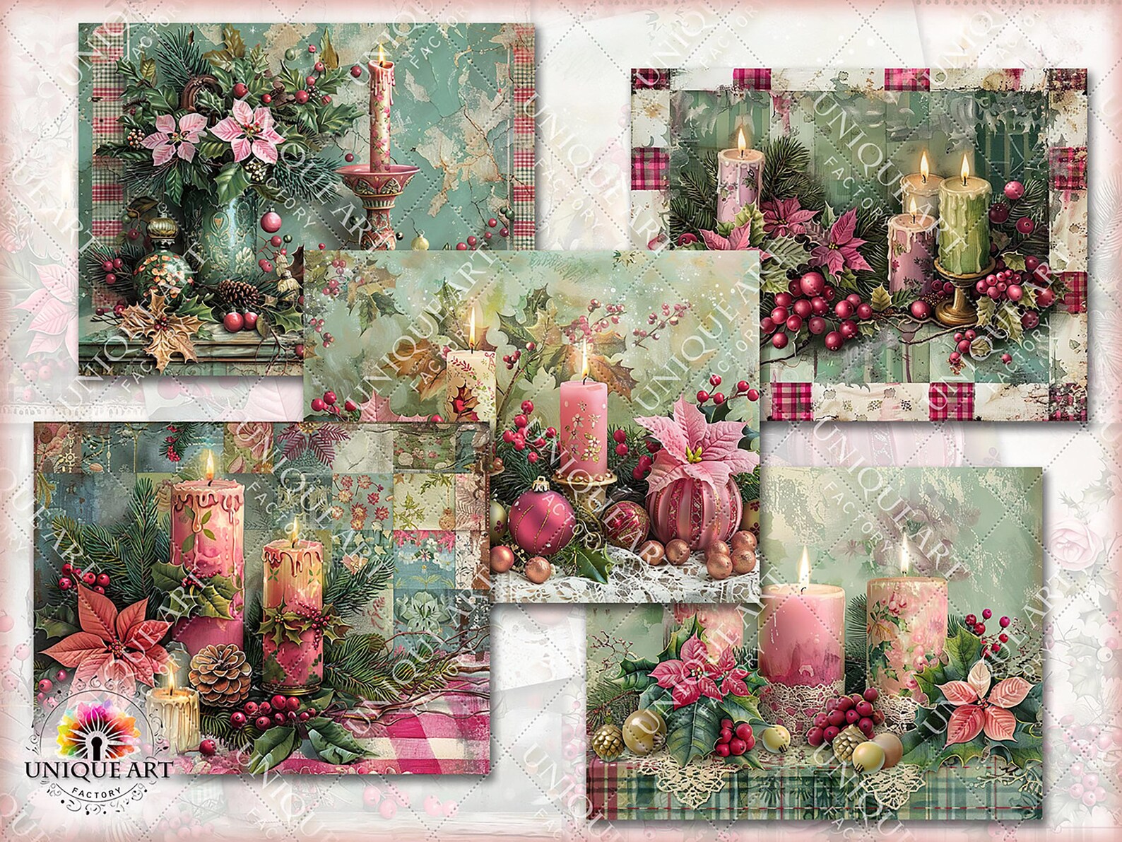 Christmas Floral Candles, Digital Collage Sheet, Printable Pages, HQ 30 ...