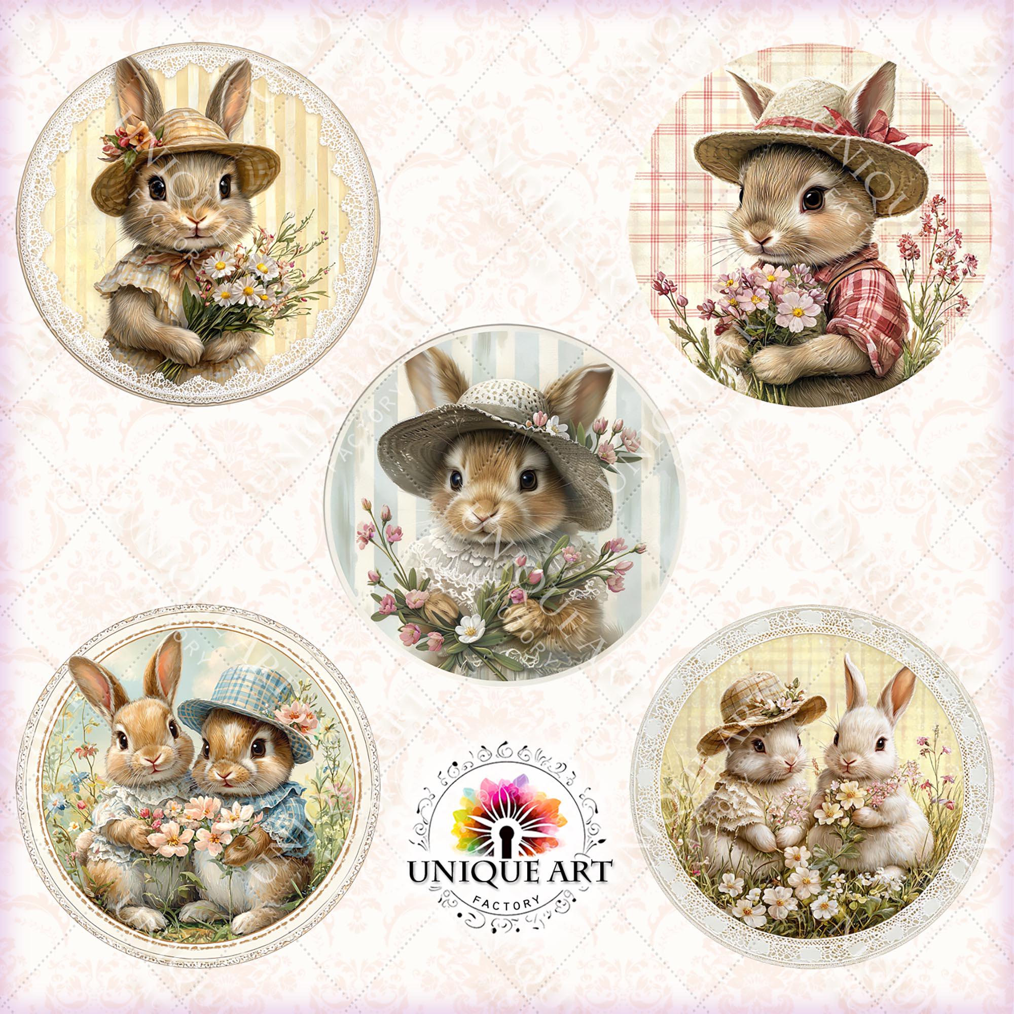 Spring Floral Bunny, Printable 25 PNG Round Clipart, Scrapbook Ephemera ...