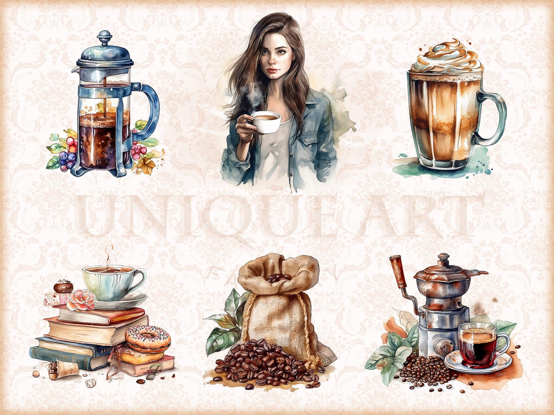 Coffee Love Coffee Themed Watercolor Clipart Bundle HQ - Etsy