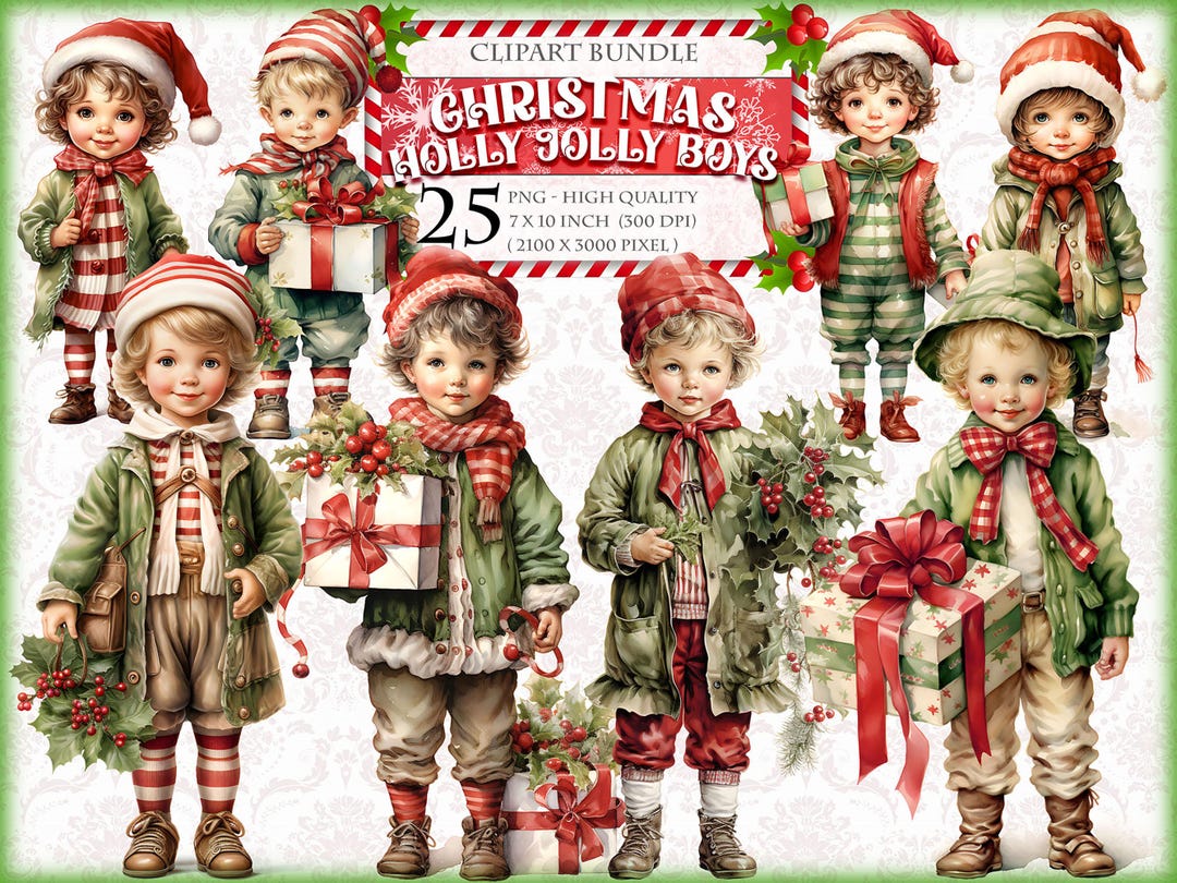Christmas Holly Jolly Boys, Watercolor Clipart Bundle, 25 HQ Printable ...
