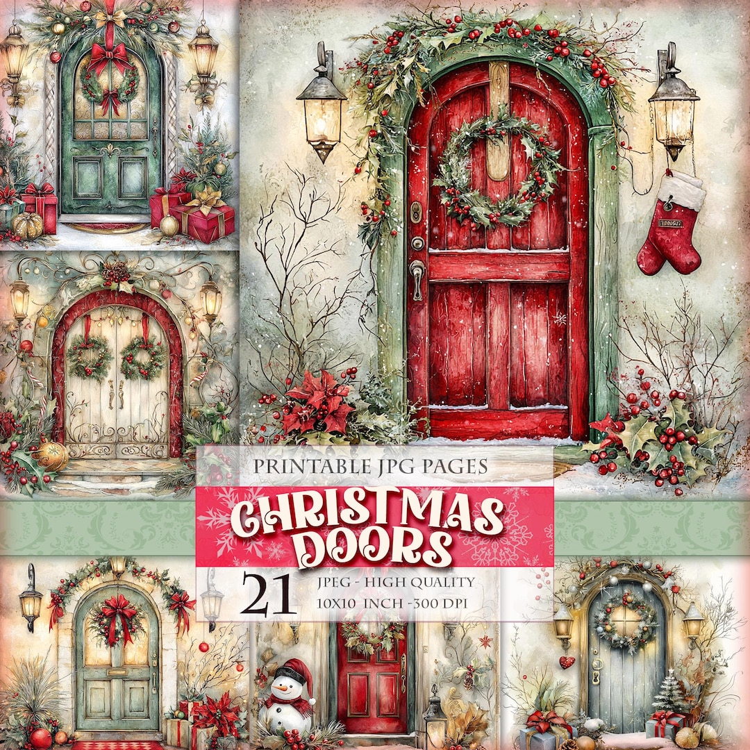 Christmas Doors, Printable 21 JPG Digital Images, Snowy Noel Clipart ...