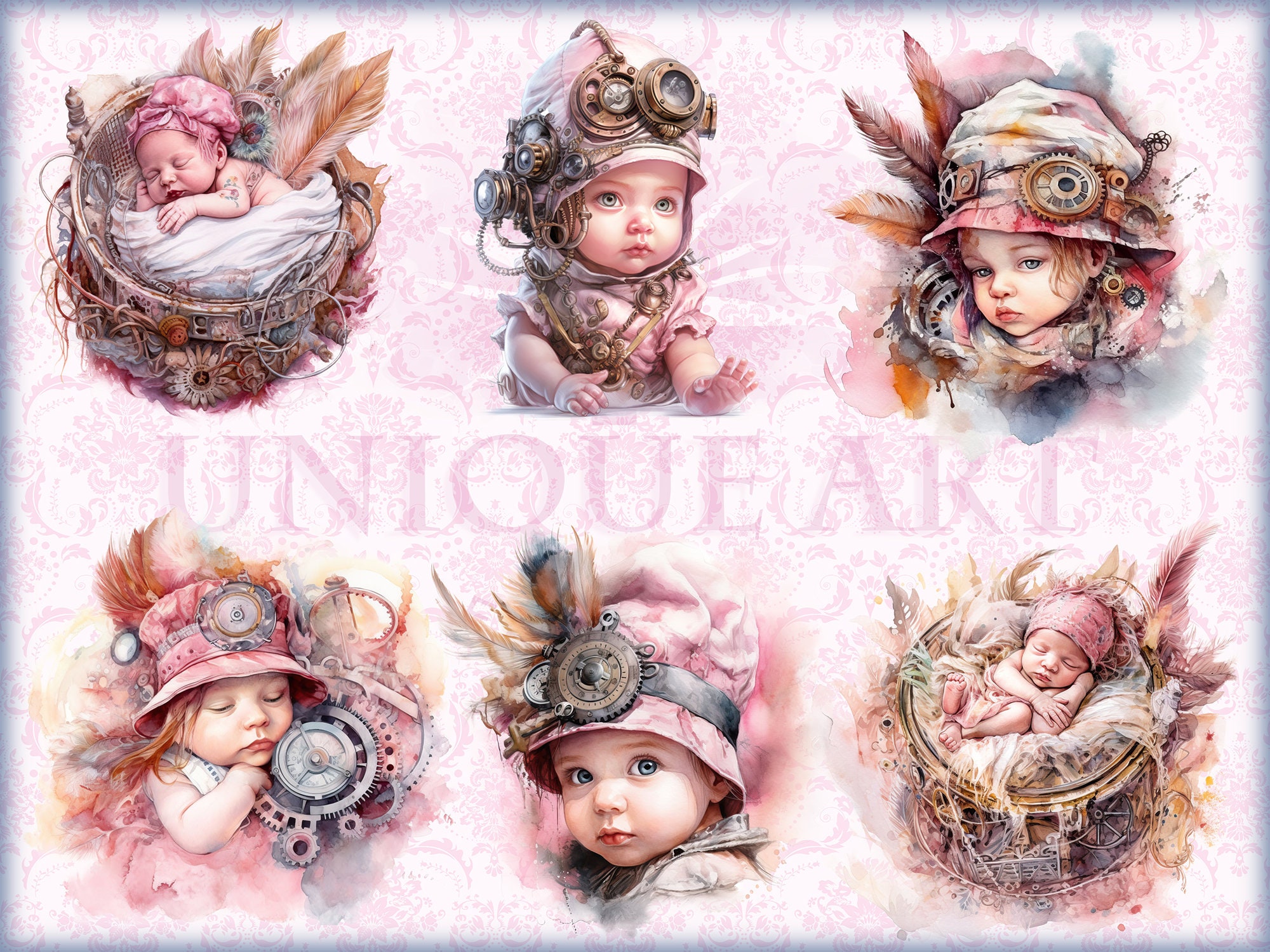 Steampunk Pink Baby and Newborn Watercolor Clipart Bundle - Etsy