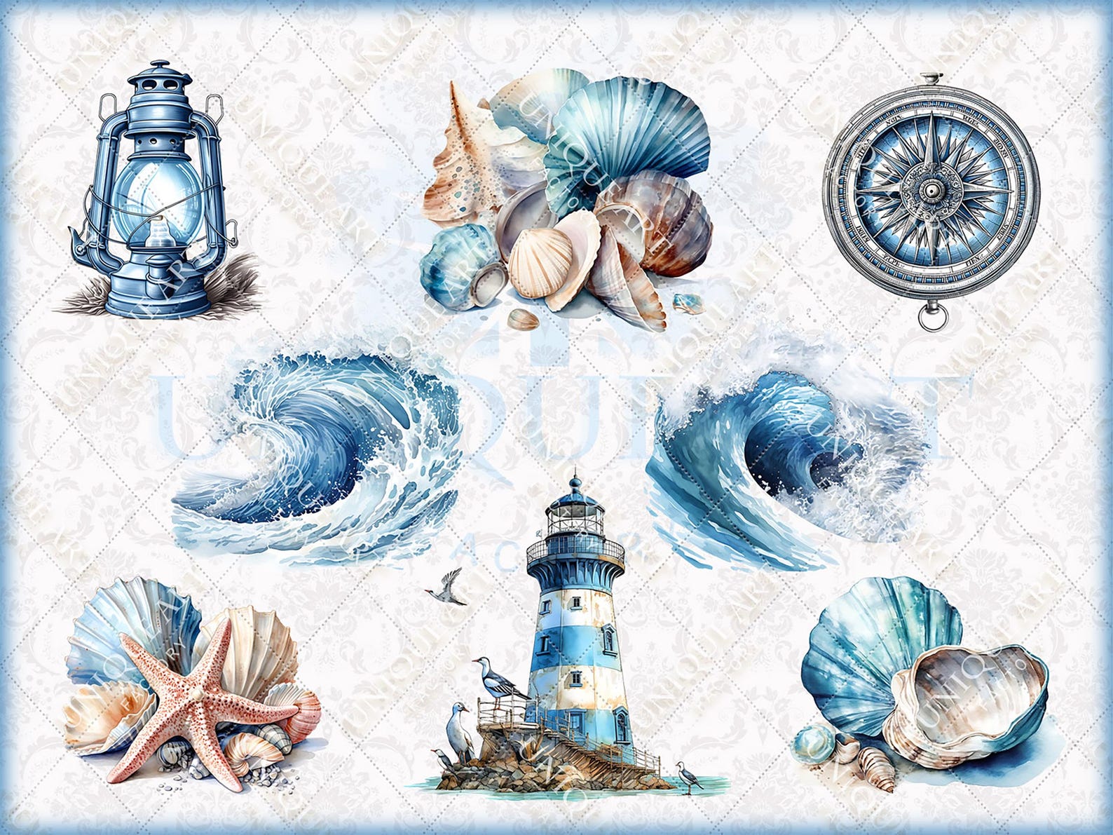 Nautical - Marine Themed Watercolor Clipart Bundle, Printable 34 HQ PNG ...