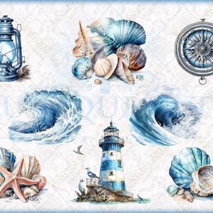 Nautical - Marine Themed Watercolor Clipart Bundle, Printable 34 HQ PNG ...