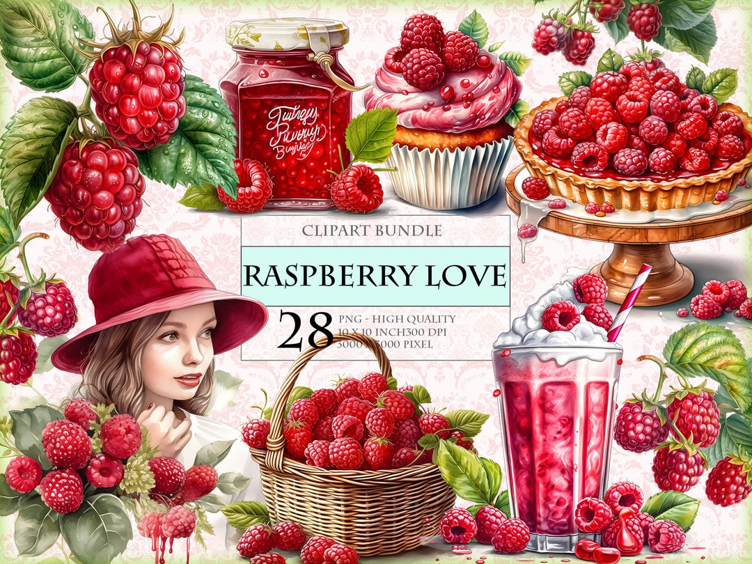 Raspberry Love Raspberry Themed Watercolor Clipart Bundle, HQ Printable ...