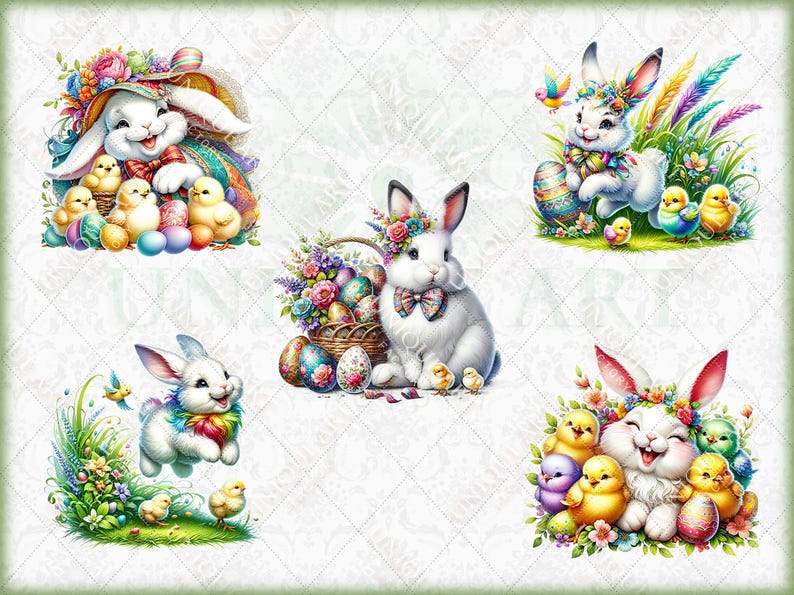 Floral Easter Bunny and Chicks, Watercolor Clipart Bundle, Printable 18 ...
