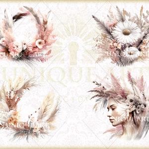 Pampas Grass Boho Floral Wreaths Watercolor Clipart Bundle, HQ ...