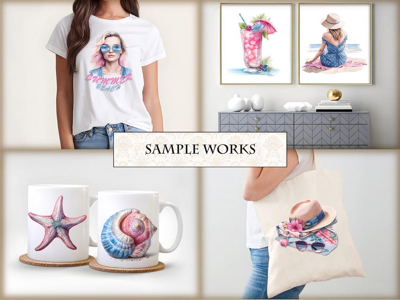 Summer Beach - Watercolor Clipart Bundle - 30 HQ Printable PNG + 12 ...