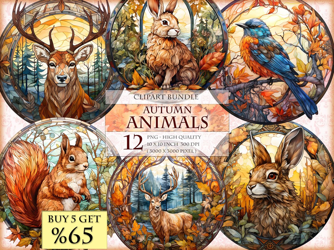 Autumn Animals, Stained Glass Watercolor Clipart Bundle HQ Printable ...