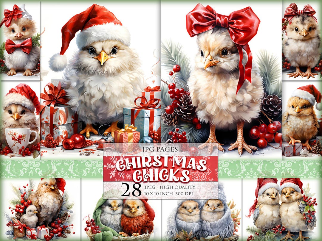 Christmas Chicks, Cute Chickens, Watercolor Printable Pages, Digital ...