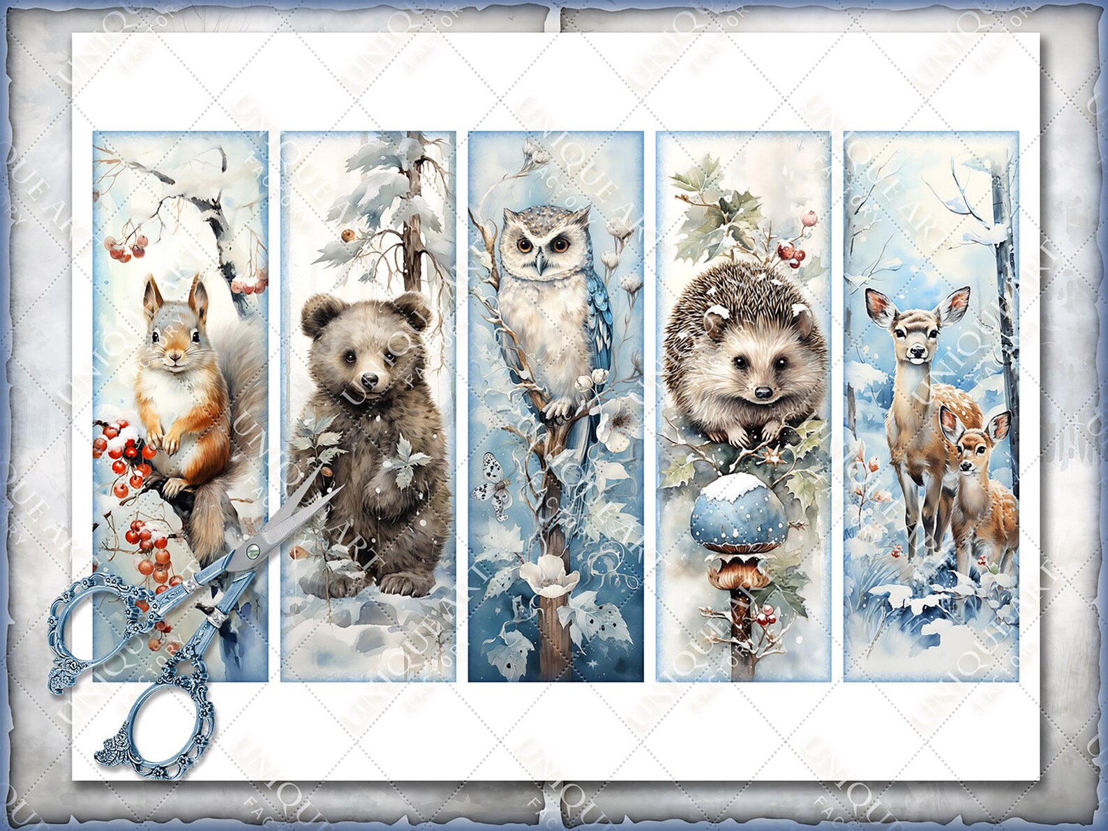 Winter Animals Bookmark, Snowly Landscape, Watercolor Digital Sheets ...