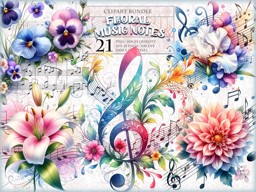 Floral Music Notes, Watercolor Clipart Bundle, 21 HQ Printable Image ...