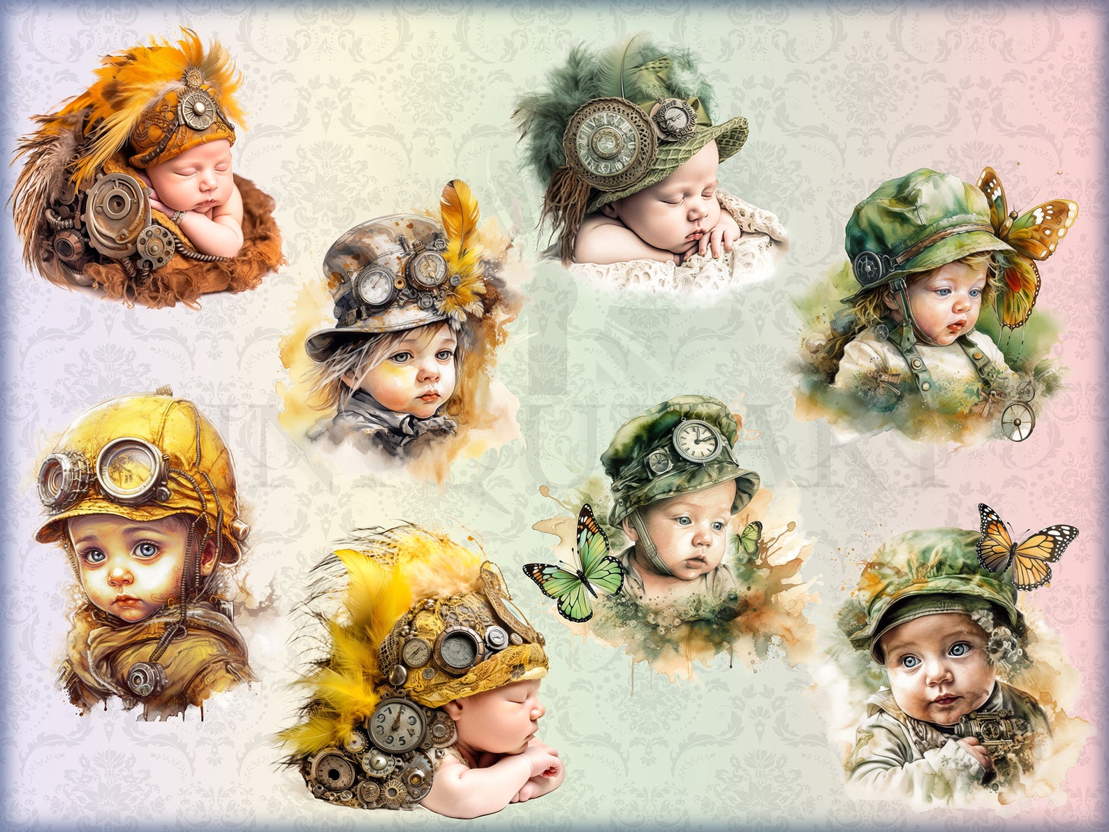 Steampunk Multicolor Baby and Newborn Watercolor Clipart - Etsy