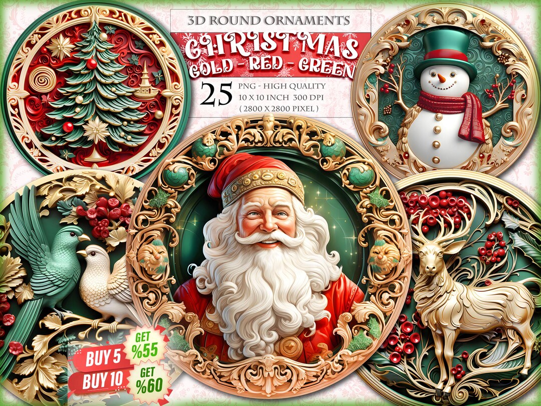 3D Christmas Round Ornaments, Gold-red-green, Round Clipart Bundle, 25 ...