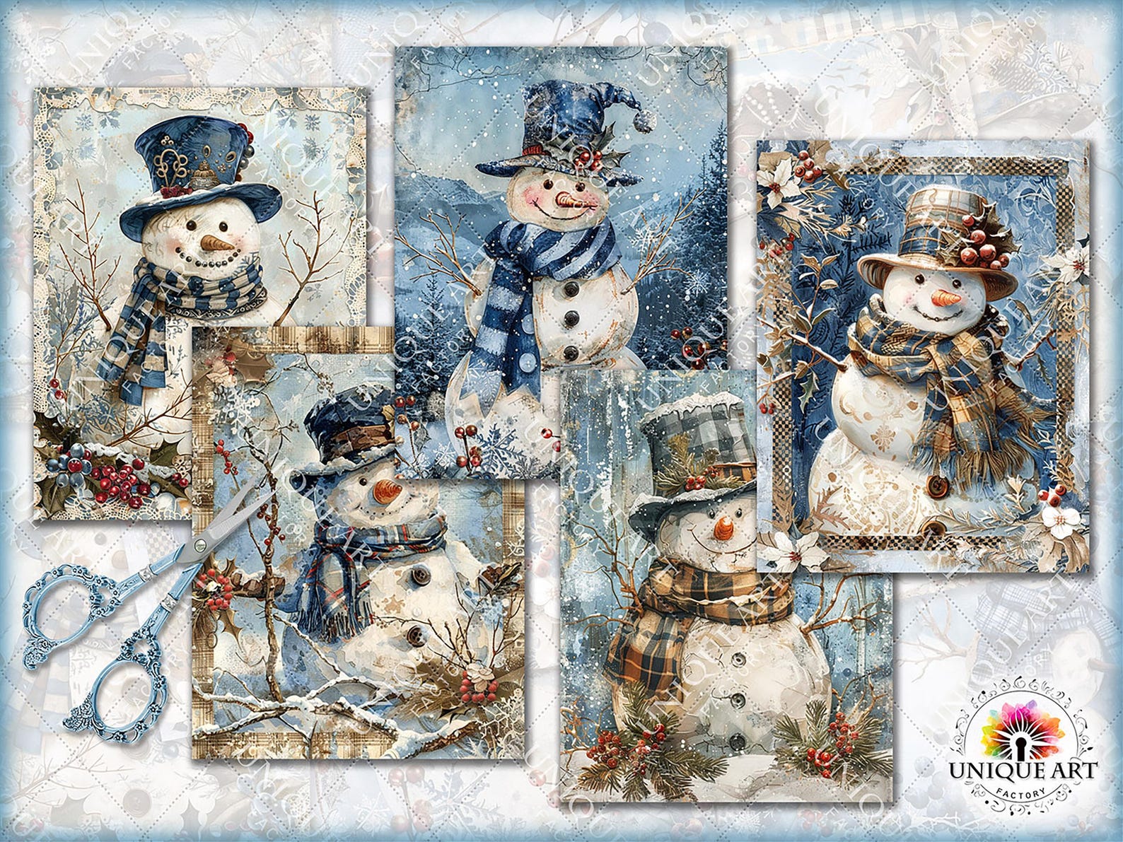 Christmas Blue Snowman Vol.02, Winter Landscape, Printable 14 JPG Image ...