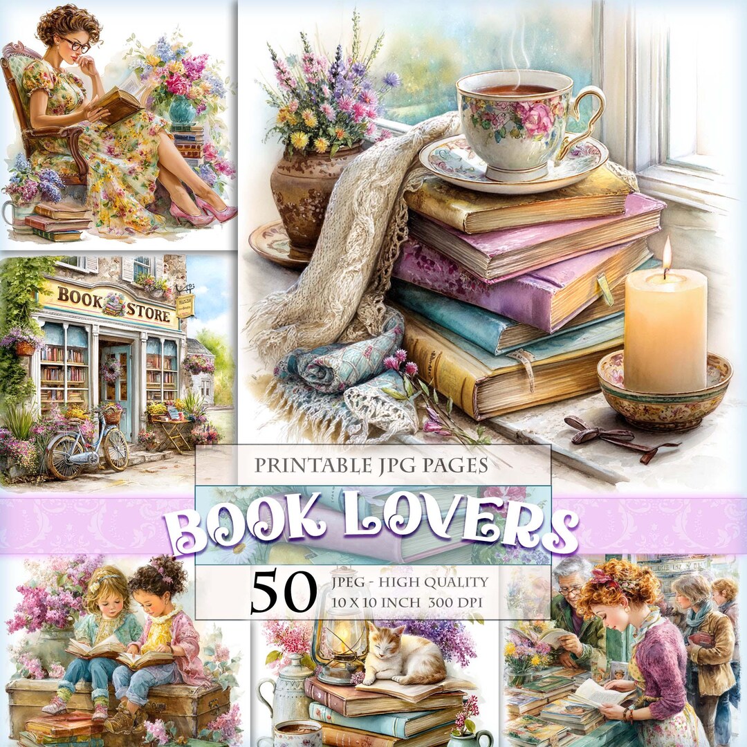 Book Lovers, Clipart Set, Printable 50 JPG Image, Cozy Reading ...