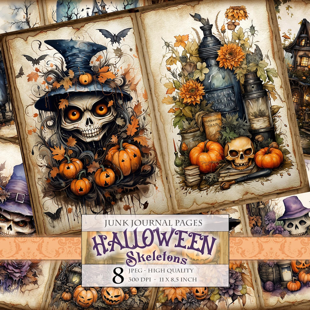 Halloween Skeletons & Horror Themed Watercolor Junk Journal Pages ...