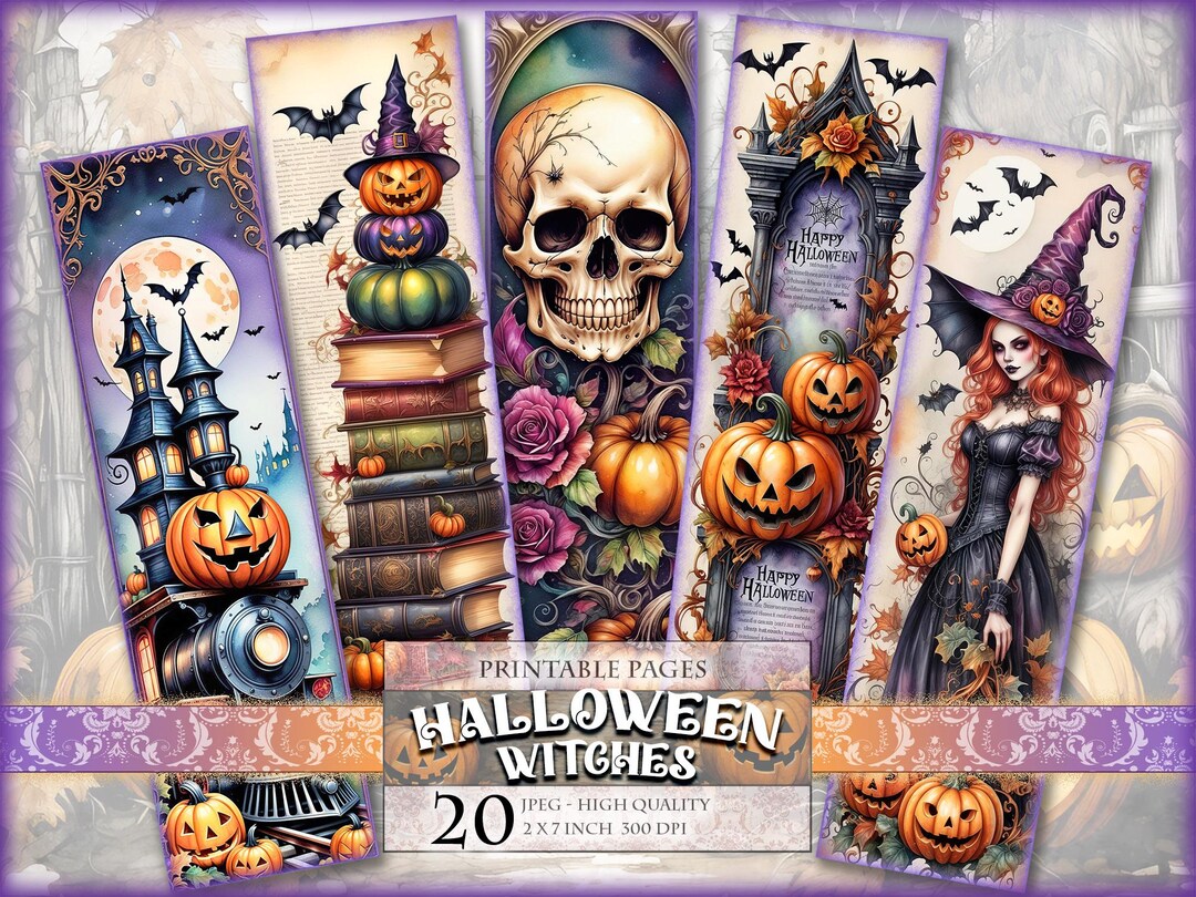 Halloween Witches Bookmarks, Watercolor Digital Image, 2x7 Inch 20 ...