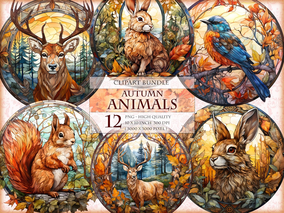 Autumn Animals, Stained Glass Watercolor Clipart Bundle HQ Printable ...