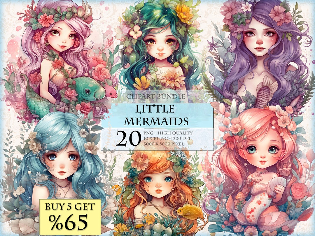 Little Cute Mermaids Magical Sea Maiden Sea Princess Watercolor Clipart ...