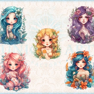 Little Cute Mermaids Magical Sea Maiden Sea Princess Watercolor Clipart ...