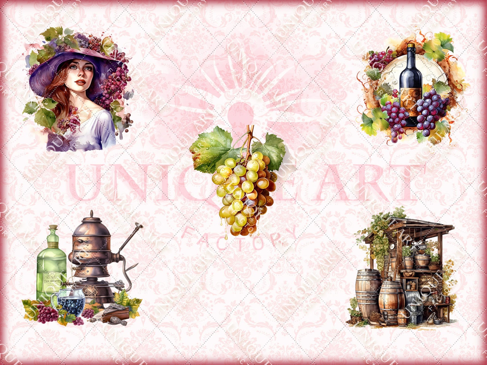 Red Wine and Grapes Watercolor Clipart Bundle HQ Printable PNG Format ...