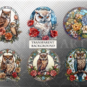 Owl and Roses Stained Glass Watercolor Clipart Bundle HQ Printable PNG ...