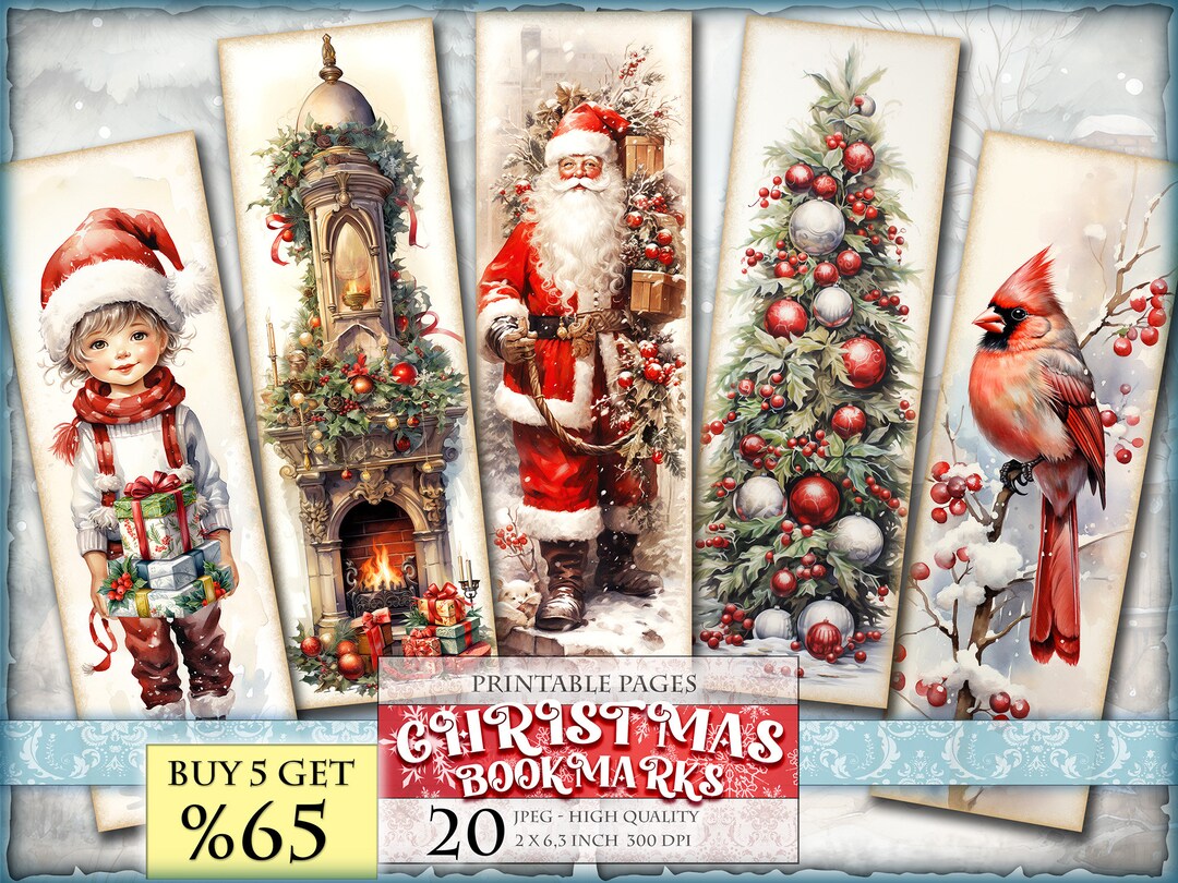 Christmas Bookmarks, Vintage Noel, Watercolor Digital Sheets, 2x6,3 ...