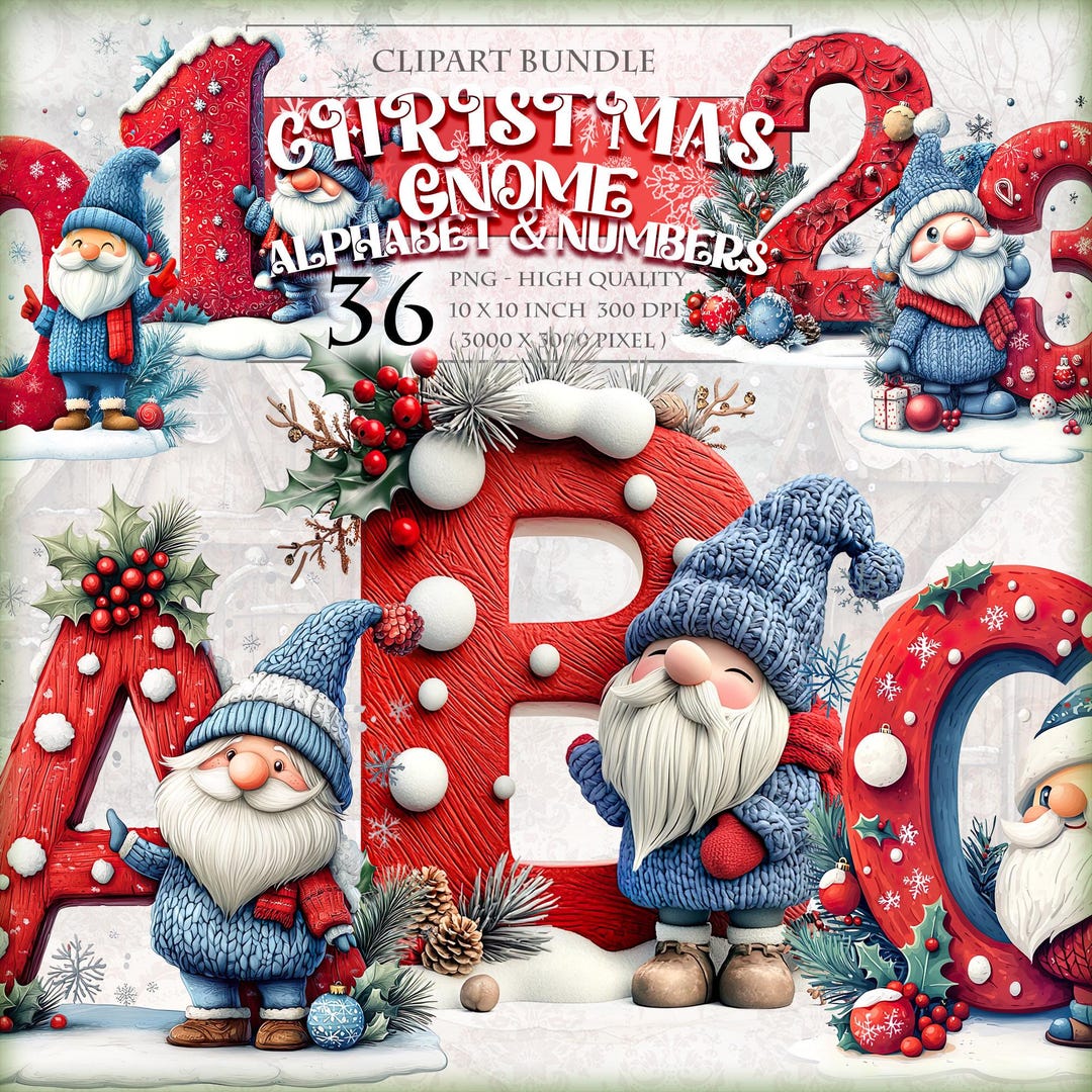 Christmas Gnome Alphabet and Numbers, Clipart Bundle, 36 HQ Printable ...