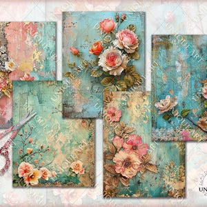 Rococo Rustic Floral Pages, Watercolor Scrapbook Collage Sheets ...