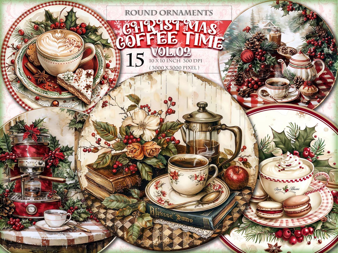 Christmas Coffee Time Round Vol.02, Watercolor Clipart Bundle, 15 HQ ...