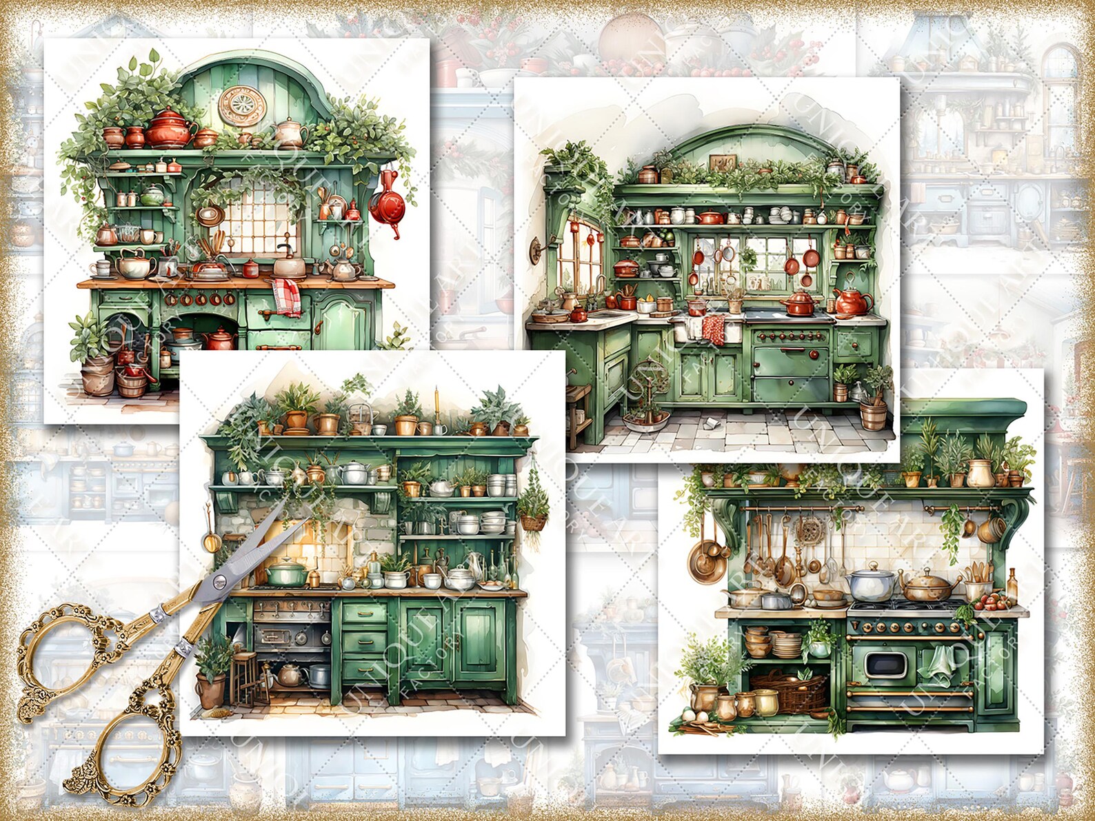 Rustic Green Kitchens, Watercolor Printable Images, HQ 10 JPG 13,5x13,5 ...