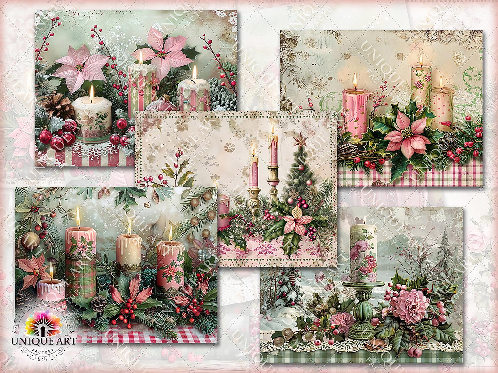 Christmas Floral Candles, Digital Collage Sheet, Printable Pages, HQ 30 ...