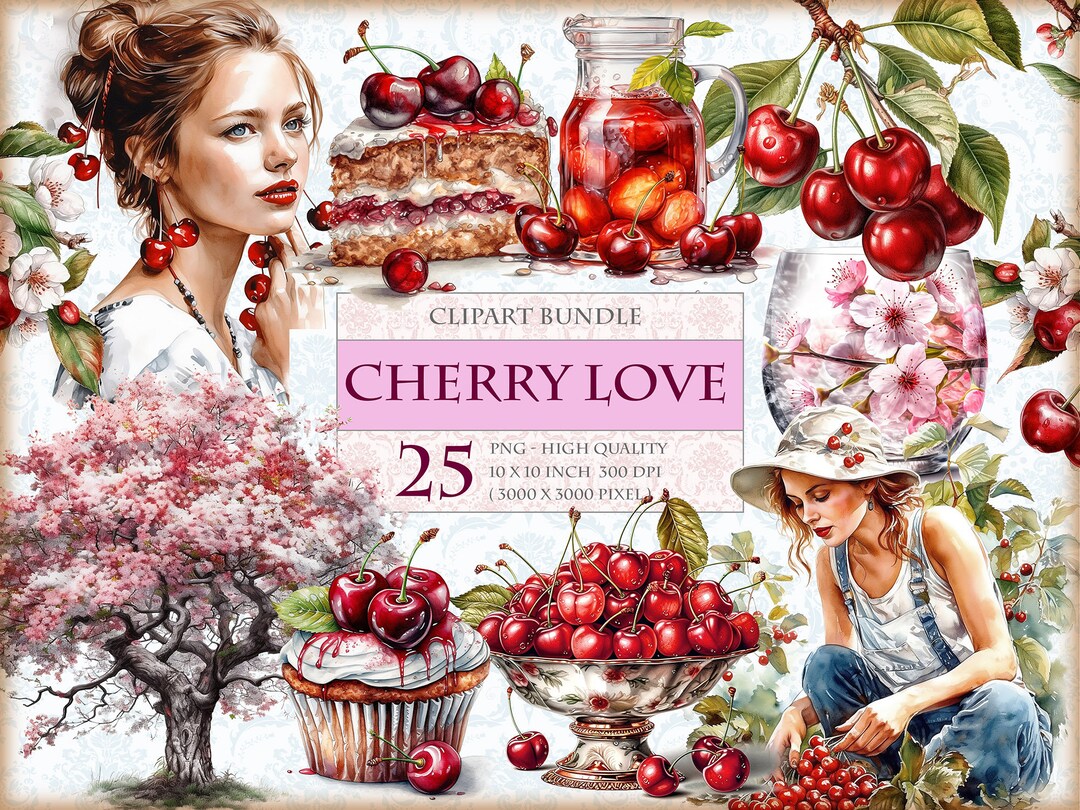 Cherry Love Cherry Themed Watercolor Clipart Bundle, HQ Printable PNG ...