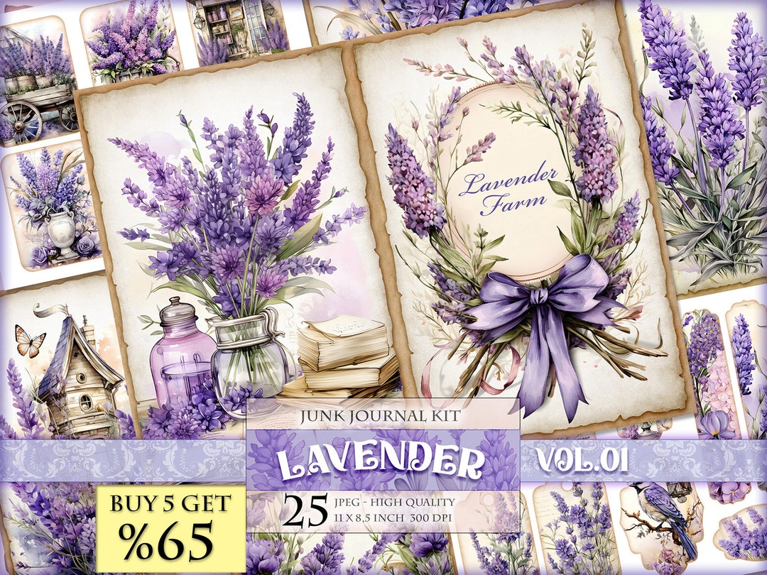Lavender Vol.01 Watercolor Floral Junk Journal Kit, 25 JPG 11X8.5 Inch ...