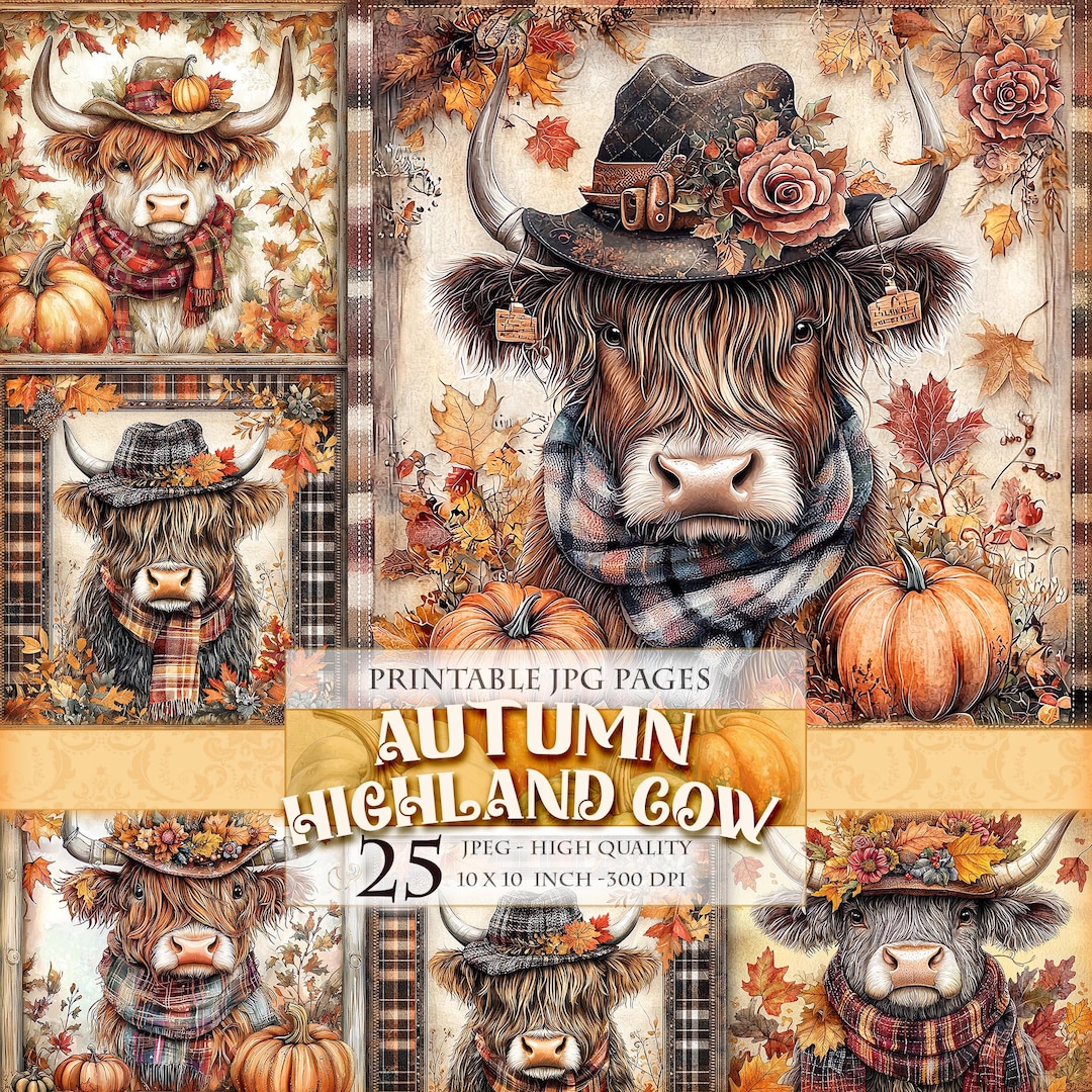 Autumn Highland Cow, Fall Clipart, Printable 25 HQ JPG Image, Scrapbook ...