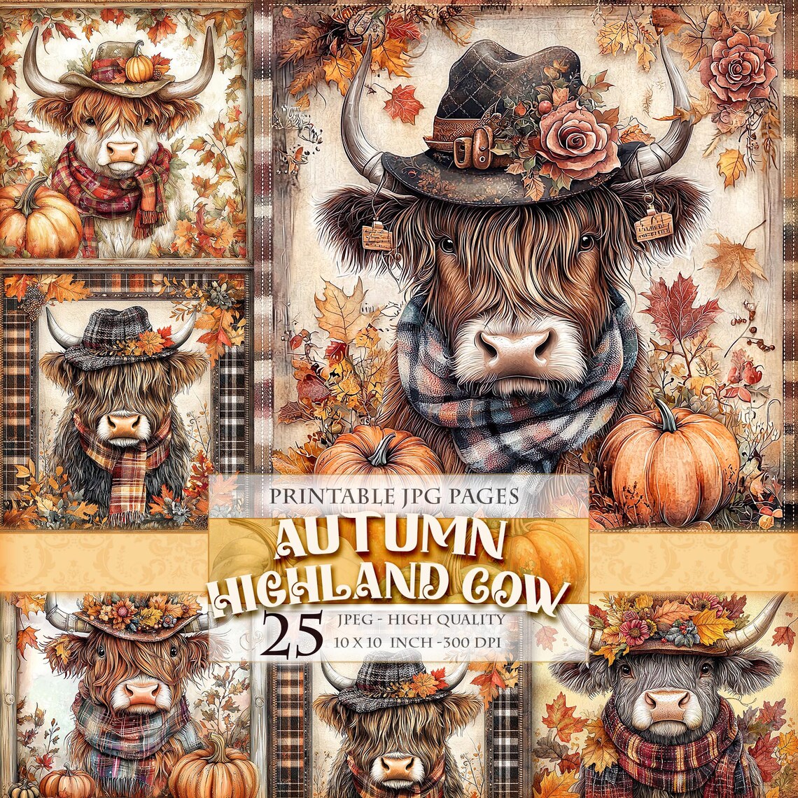Autumn Highland Cow, Fall Clipart, Printable 25 HQ JPG Image, Scrapbook ...