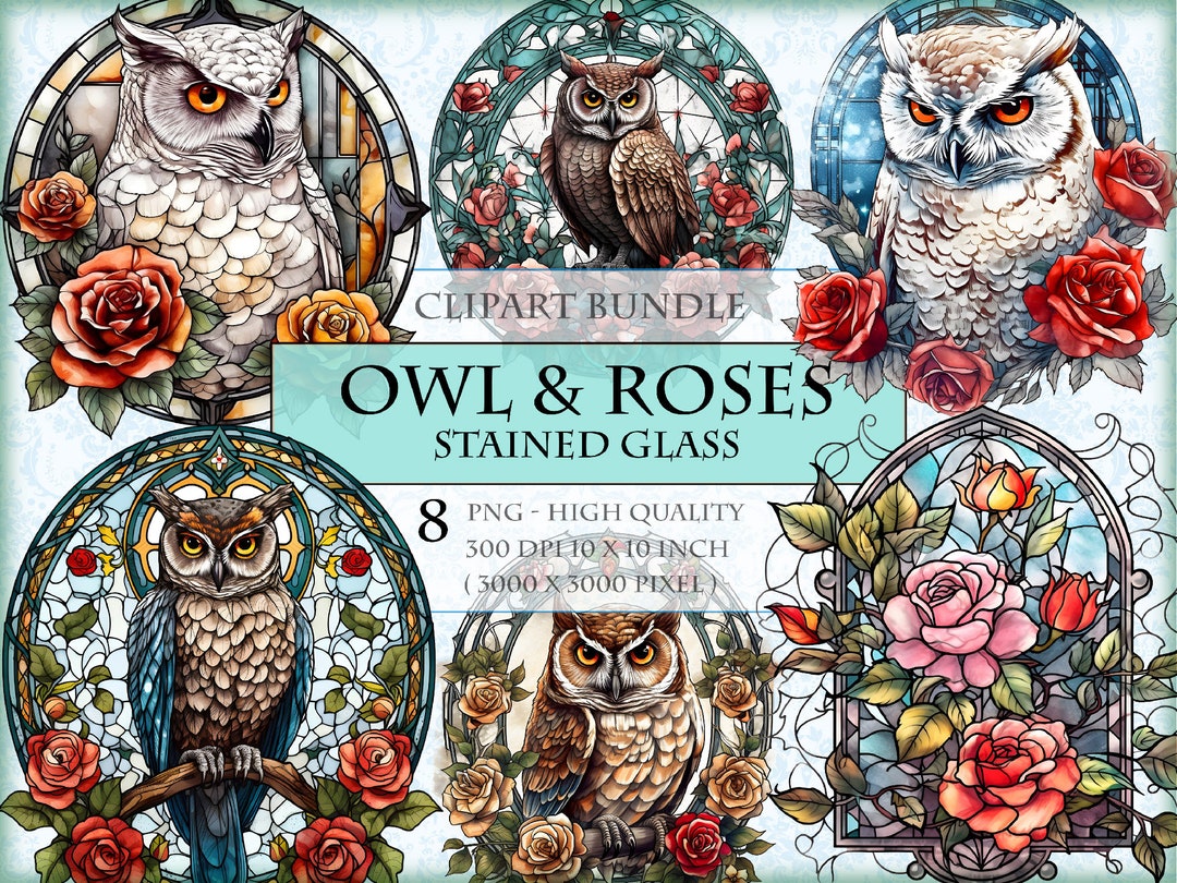 Owl and Roses Stained Glass Watercolor Clipart Bundle HQ - Etsy