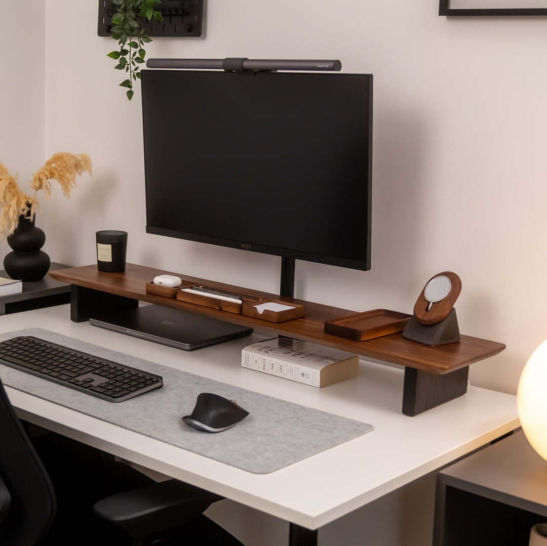 Dual Monitor Desk Shelf, Wooden Monitor Stand, Monitor Riser, Computer ...