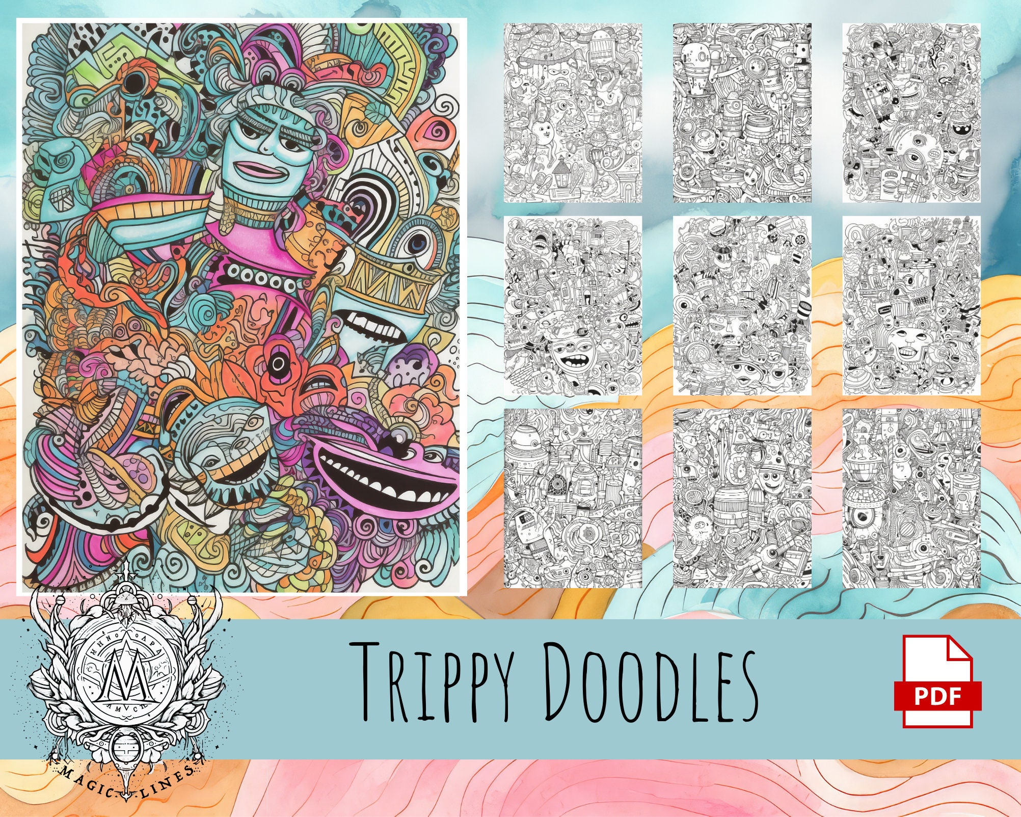 Trippy Doodles - 10 Whimsical Adult Coloring Pages Featuring Wacky, Fun ...