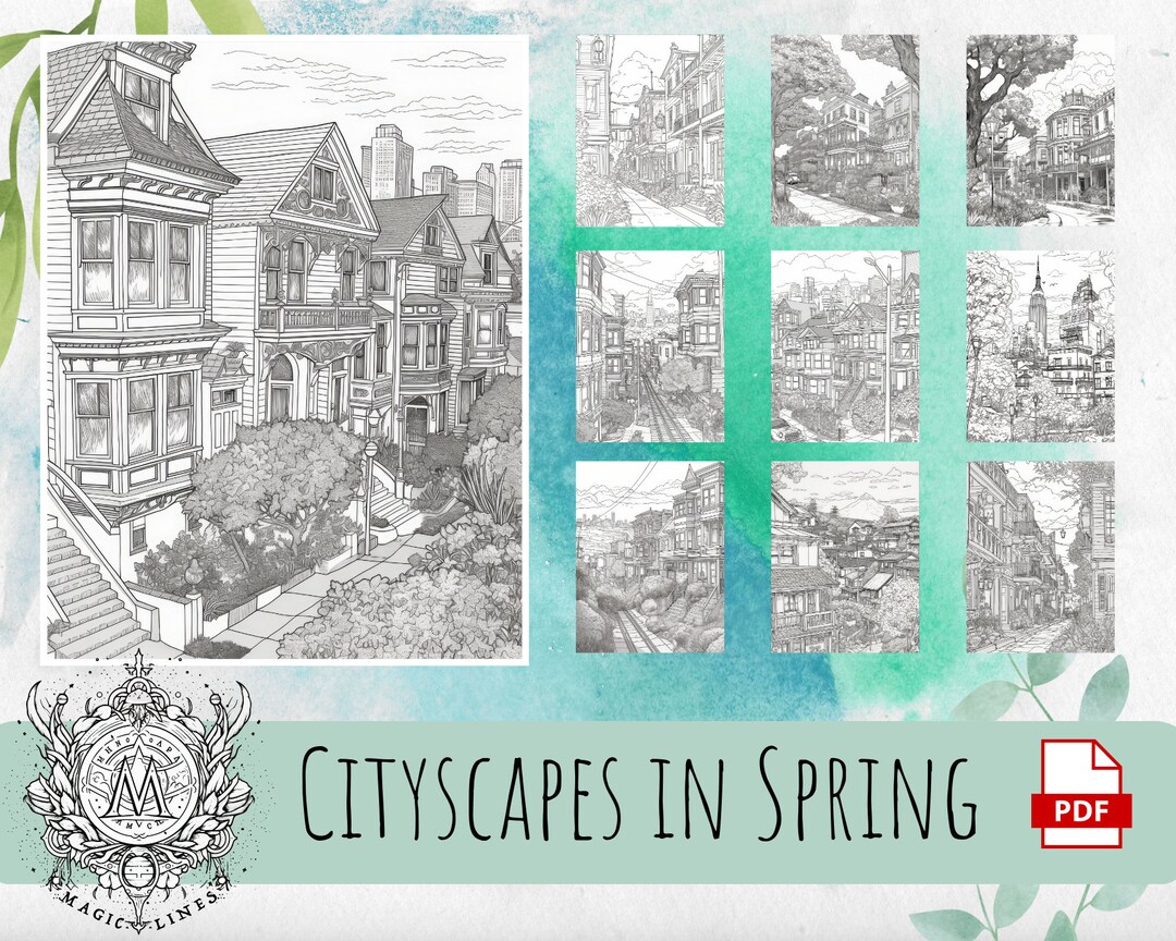 Spring Cityscapes 10 Highly Detailed Adult Coloring Pages Etsy