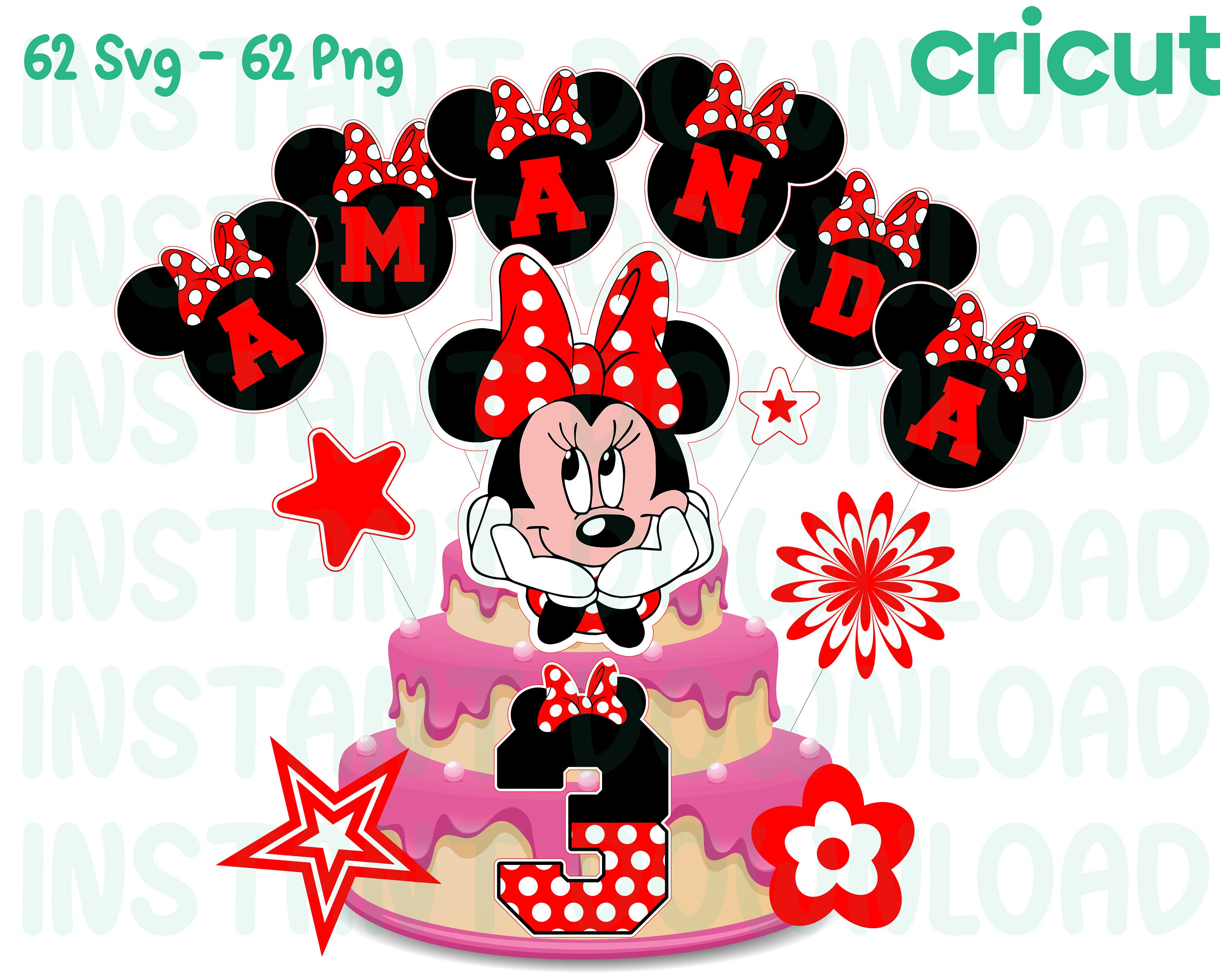 Red Minnie Mouse Cake Topper SVG PNG: Birthday Party Decor (digital ...
