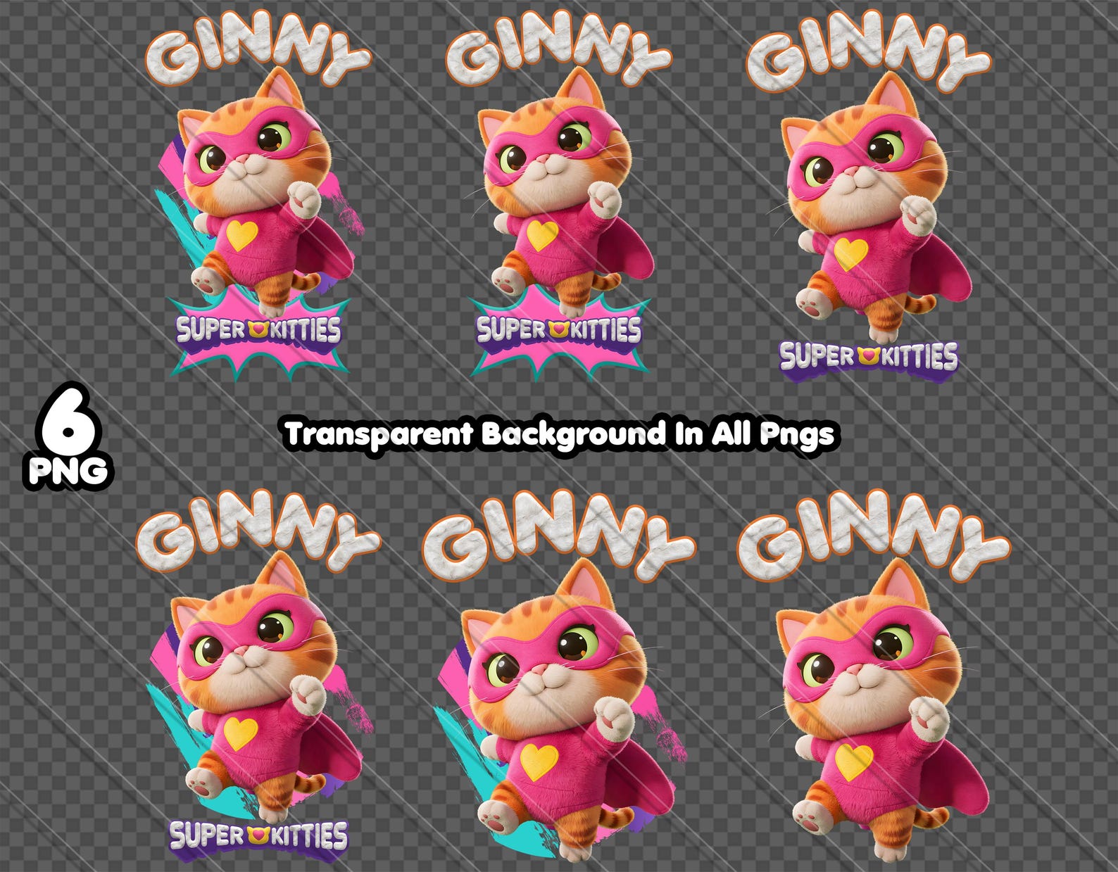 Super Kitties Ginny PNG Bundle - 6 Cute Digital Clipart Images - Cat ...