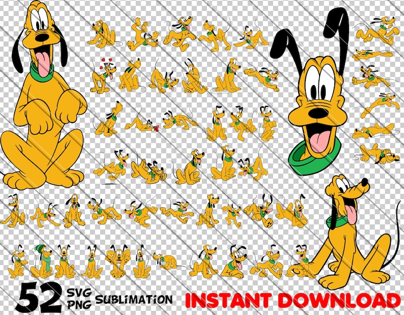 Pluto Dog SVG PNG Bundle | 52 Cute Poses | Digital Download | Cartoon ...