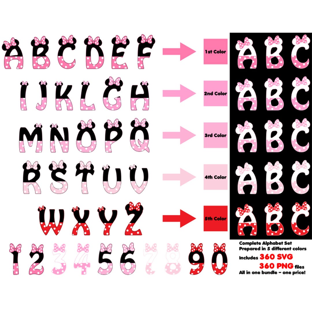 Minnie Alphabet SVG PNG Bundle – 360 Letters & Numbers in 5 Colors ...