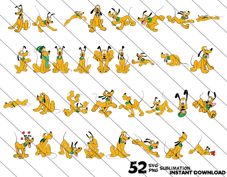 Pluto Dog SVG PNG Bundle | 52 Cute Poses | Digital Download | Cartoon ...